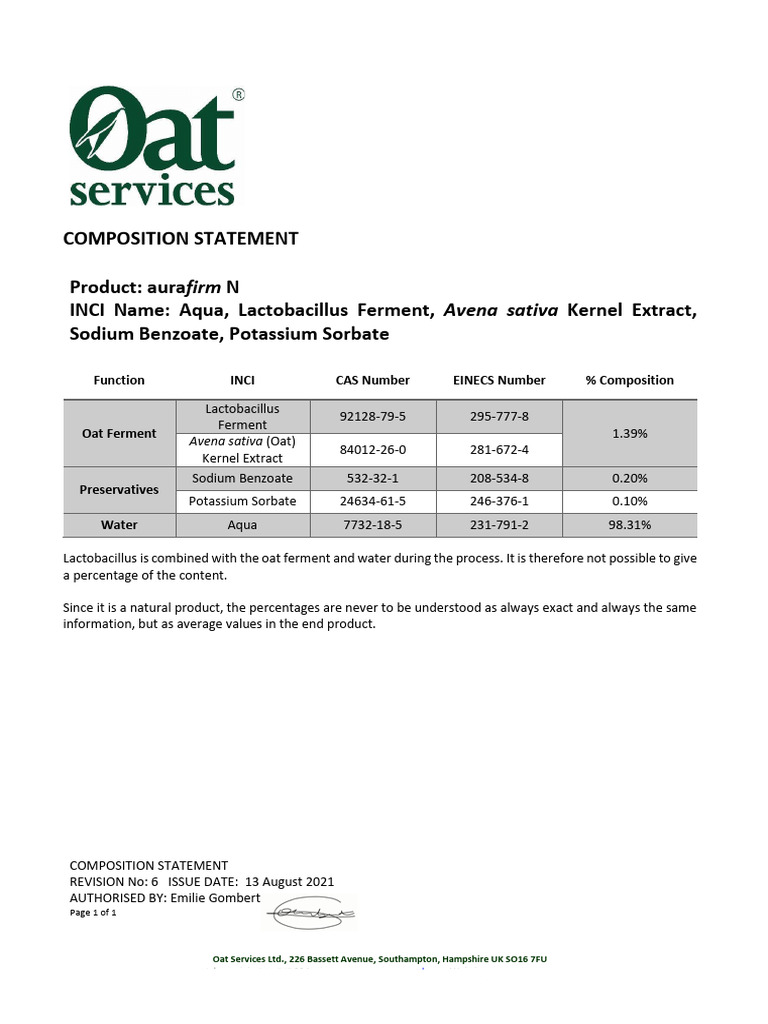 Aurafirm N Composition Statement_C | PDF