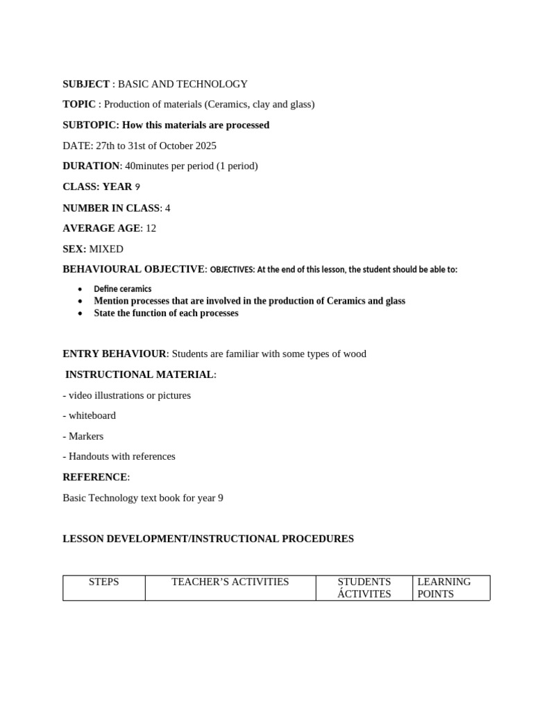 WEEK 8 AUTUMN TERM BASIC TECHNOLOGY Y9 LESSON PLAN | PDF | Ceramics ...