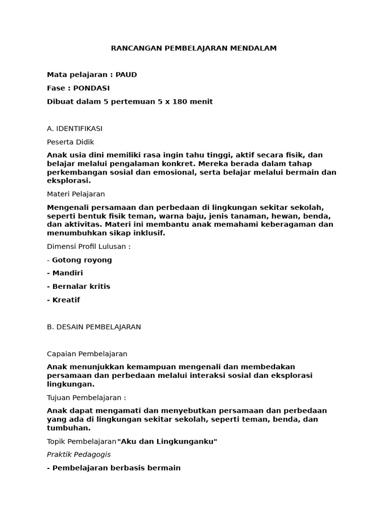Rancangan Pembelajaran PAUD Inklusif | PDF