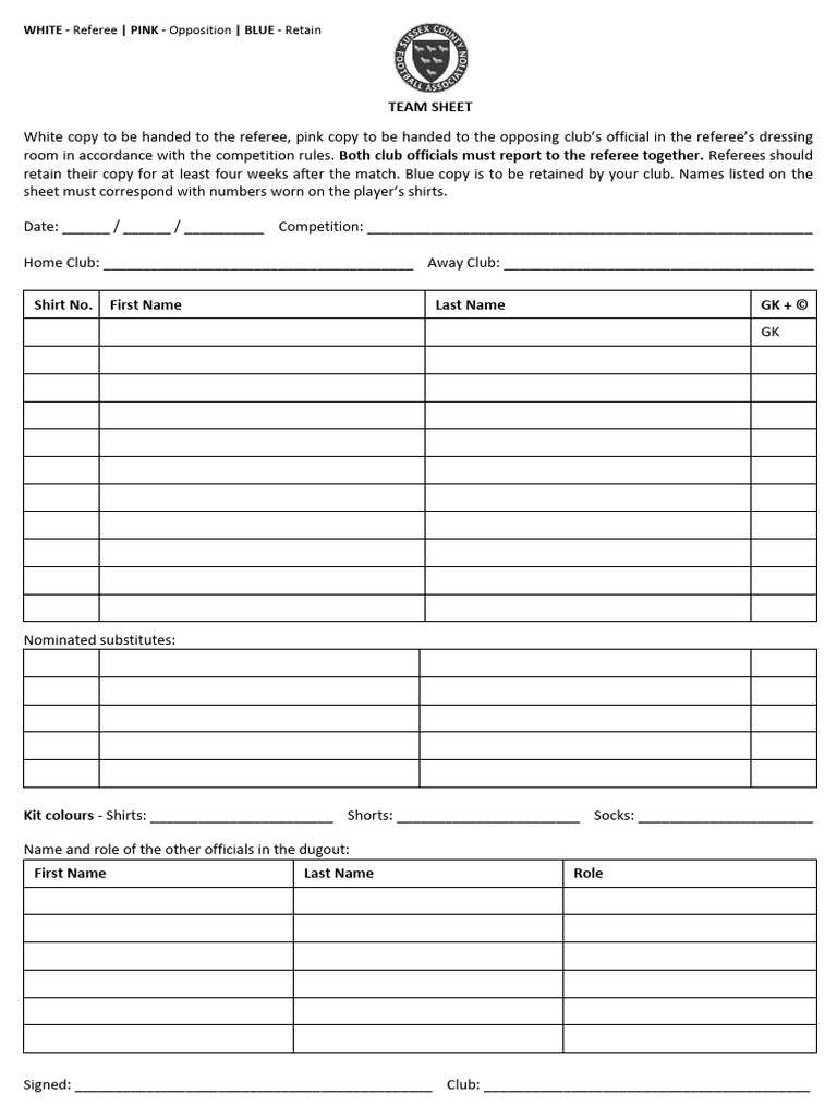 Team Sheet Template for Football Matches | PDF
