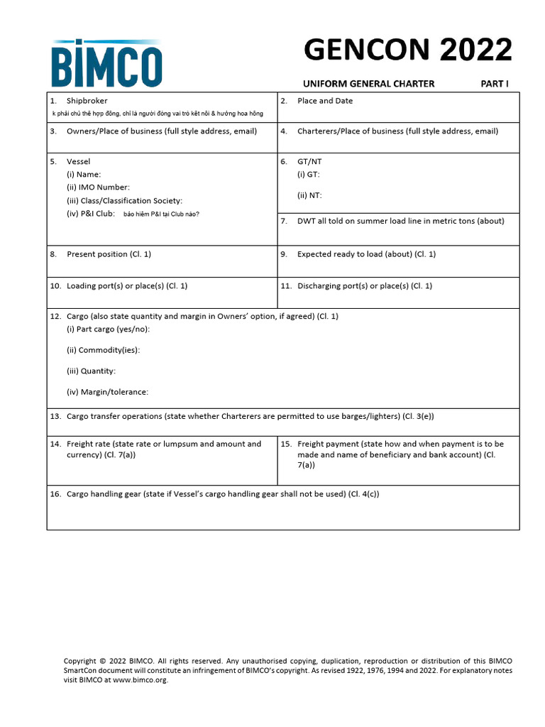 BIMCO Charter Party Template Guide | PDF | Cargo | Copyright Infringement