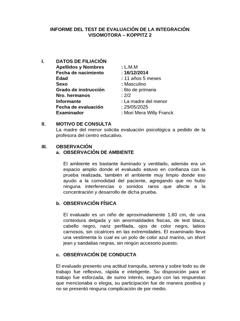 Informe Del Test Koppitz 2 - 3 Noviembre 2023 | PDF | Cognición ...