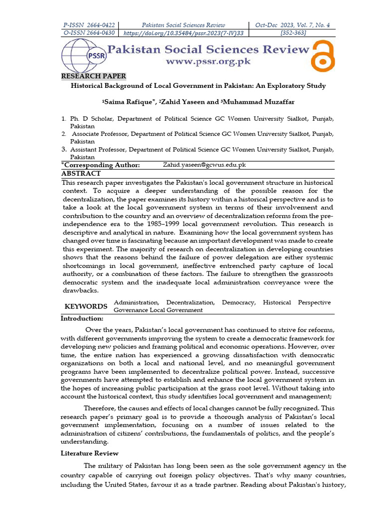 Research Paper Historical Background of Local Government in Pakistan ...