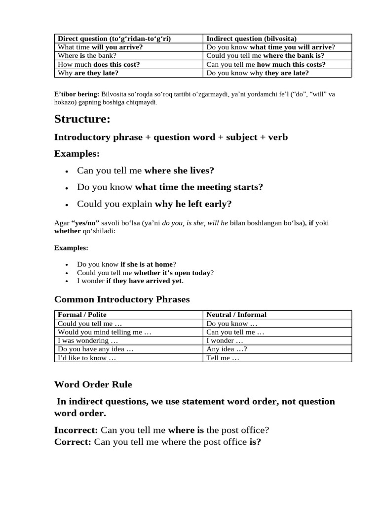 Direct Question STRUCTURE | PDF | Question | Linguistic Typology