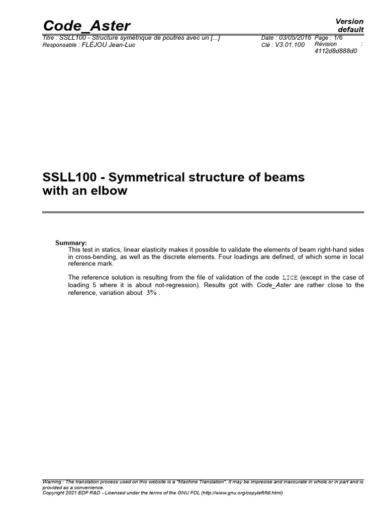 Code - Aster: SSLL100 - Symmetrical Structure of Beams With An Elbow ...