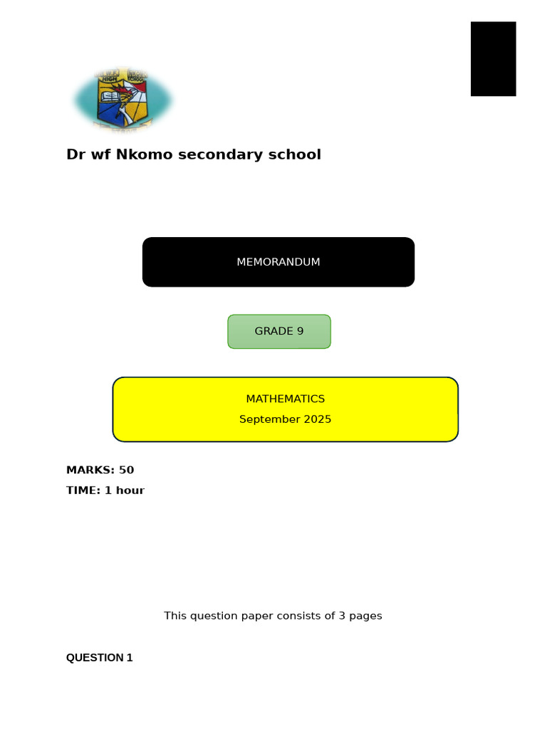 grade 9 mathematics MEMORANDUM | PDF