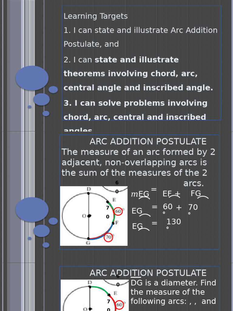 Arc Addition and Angle Theorems | PDF | Angle | Classical Geometry