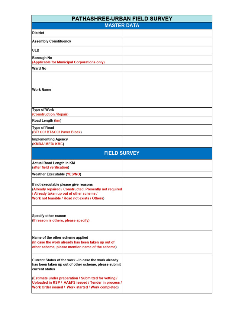 Pathashree Urban Field Survey Printable Format (Final) | PDF