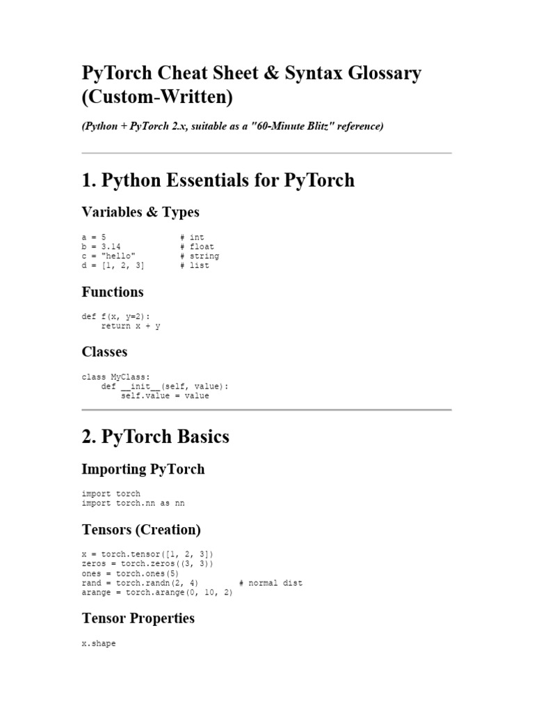 PyTorch Cheat Sheet & Syntax Glossary | PDF | Software Engineering | Computational Neuroscience
