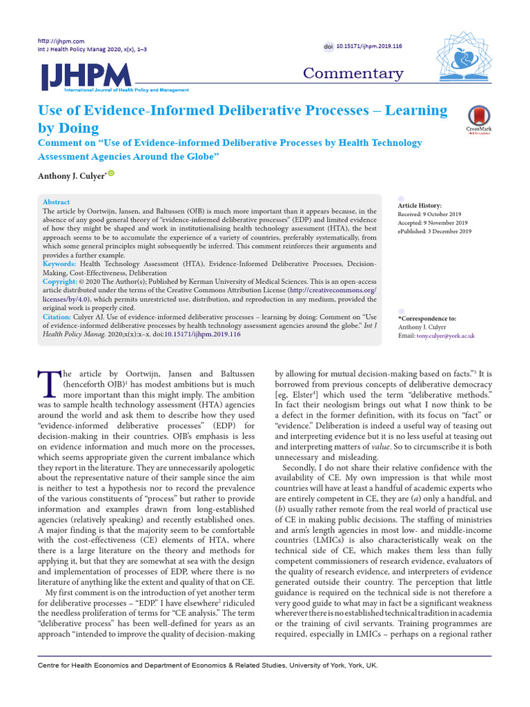Culyer - 2019 - Use of Evidence-Informed Deliberative Processes | PDF