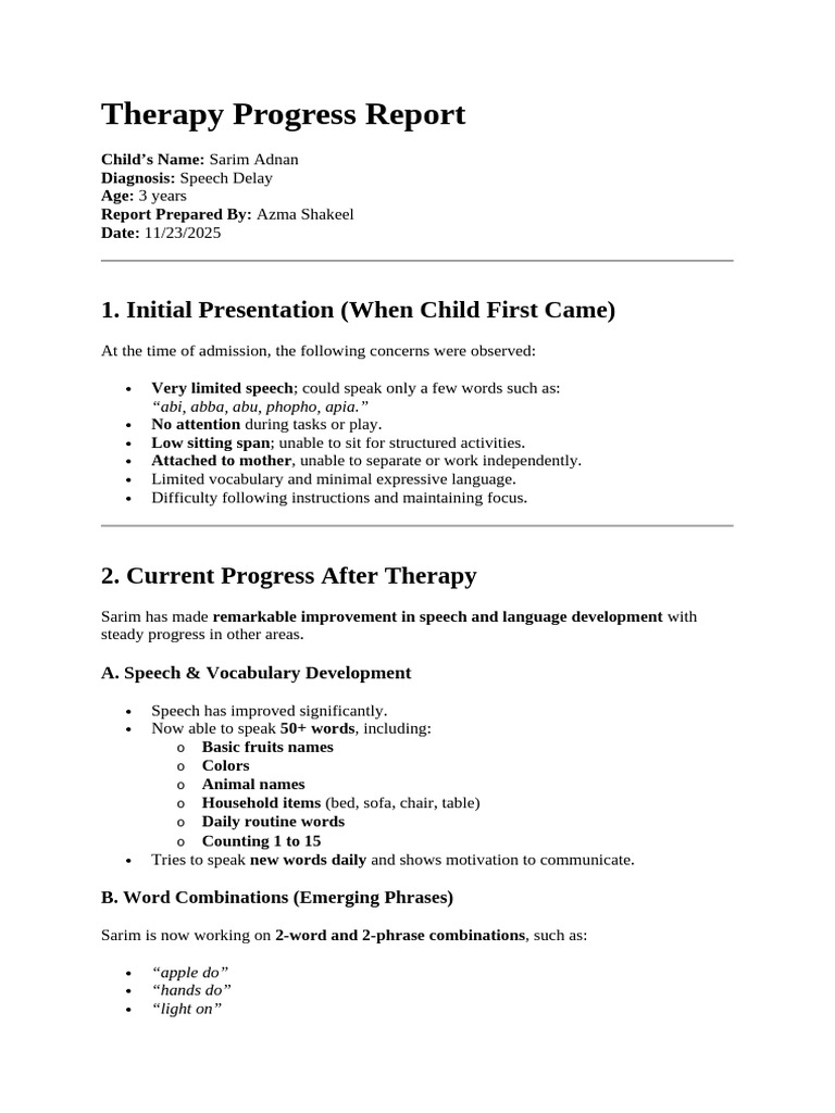 Speech Therapy Progress Report for Sarim | PDF | Speech | Language ...
