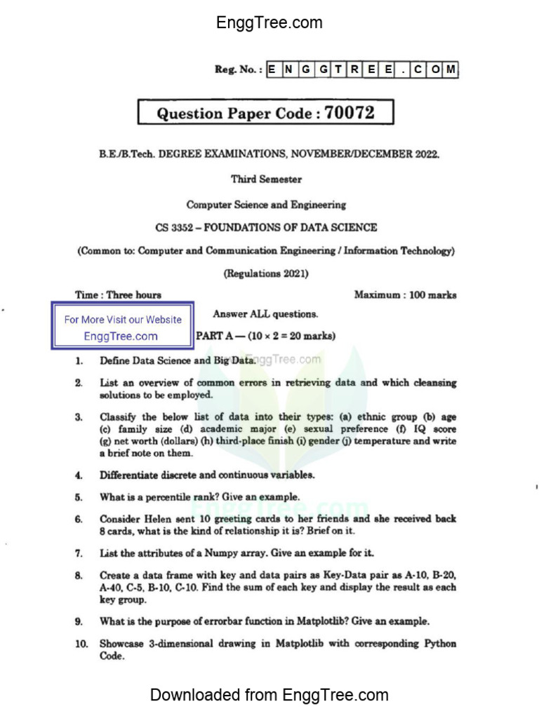 CS3352 Foundations of Data Science Nov Dec 2022 Question Paper Download ...