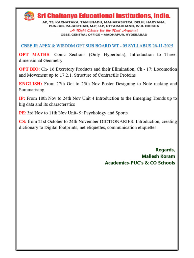Cbse JR Apex & Wisdom Opt Sub Board Wt-05 Syllabus 26-11-2025 | PDF
