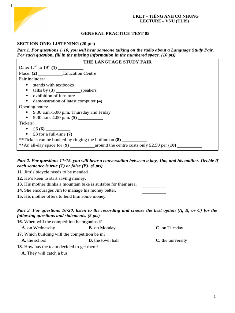 GENERAL PRACTICE TEST 05 Level B2 | PDF | Television | Video