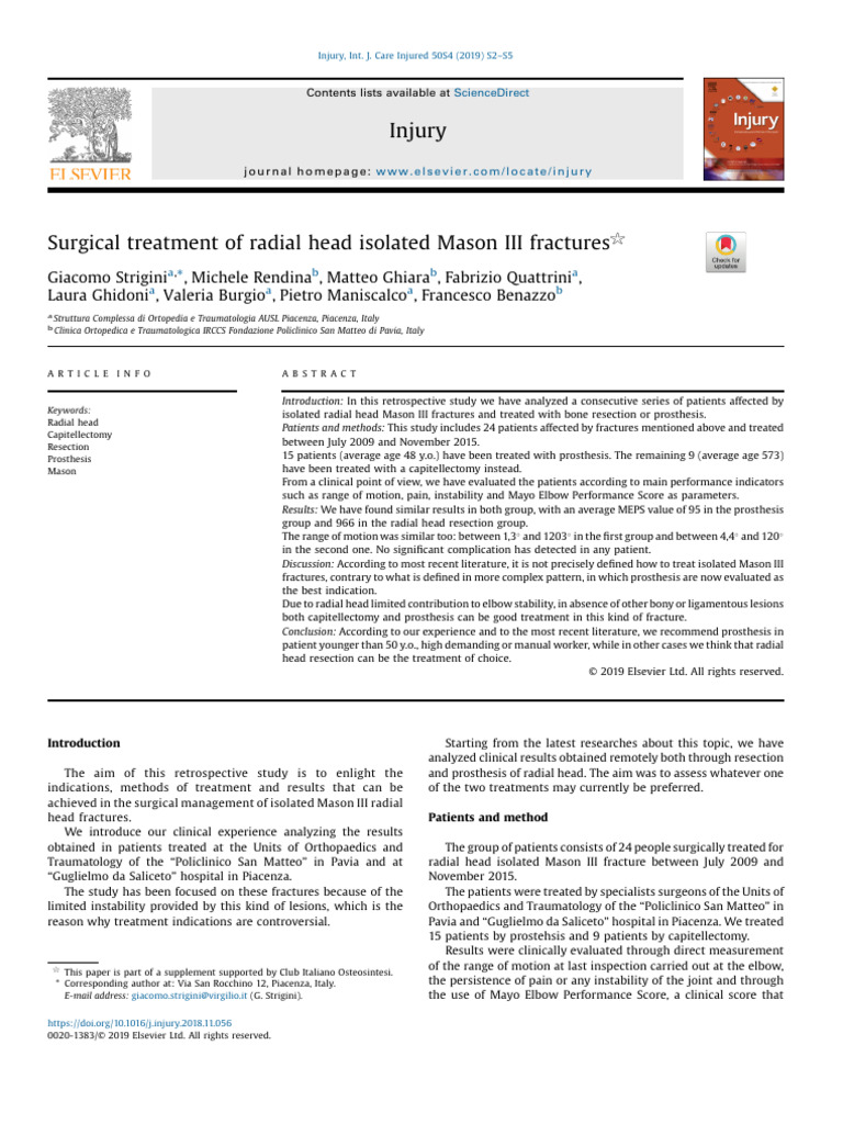 Surgical Treatment of Radial Head Isolated Mason III Fractures ...