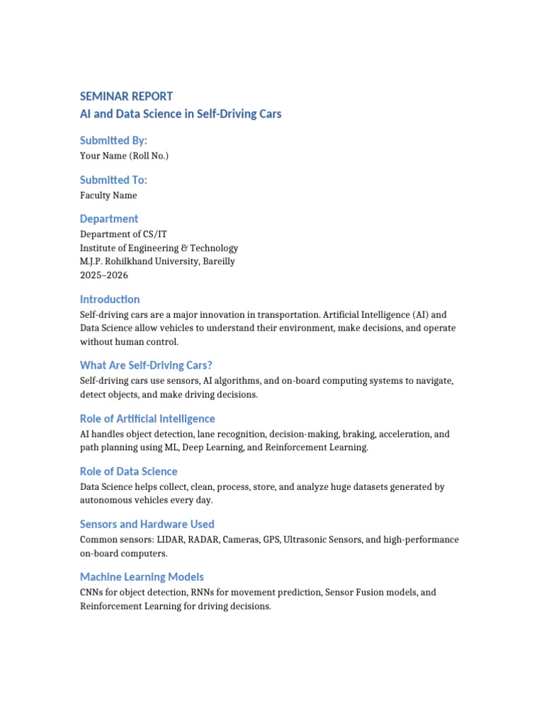 Self Driving Car Seminar Report | PDF