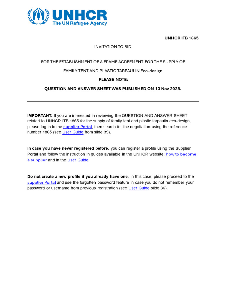 UNHCR ITB 1865 - Question and Answer Sheet Notification | PDF