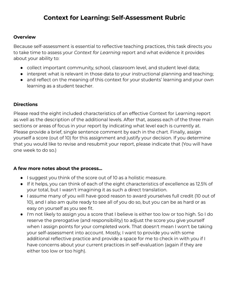 Context For Learning Self Assessment | PDF | Teachers | Learning