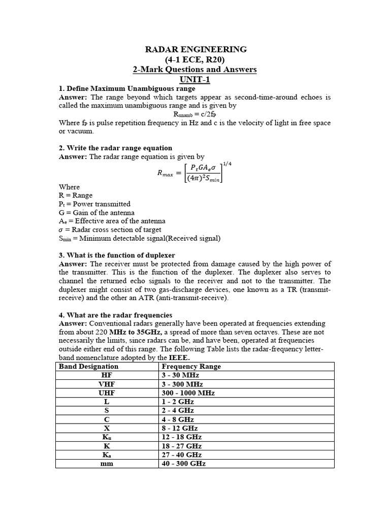 2-Mark q & A_radar Engineering (4-1 Ece, r20) | PDF | Radar | Wireless
