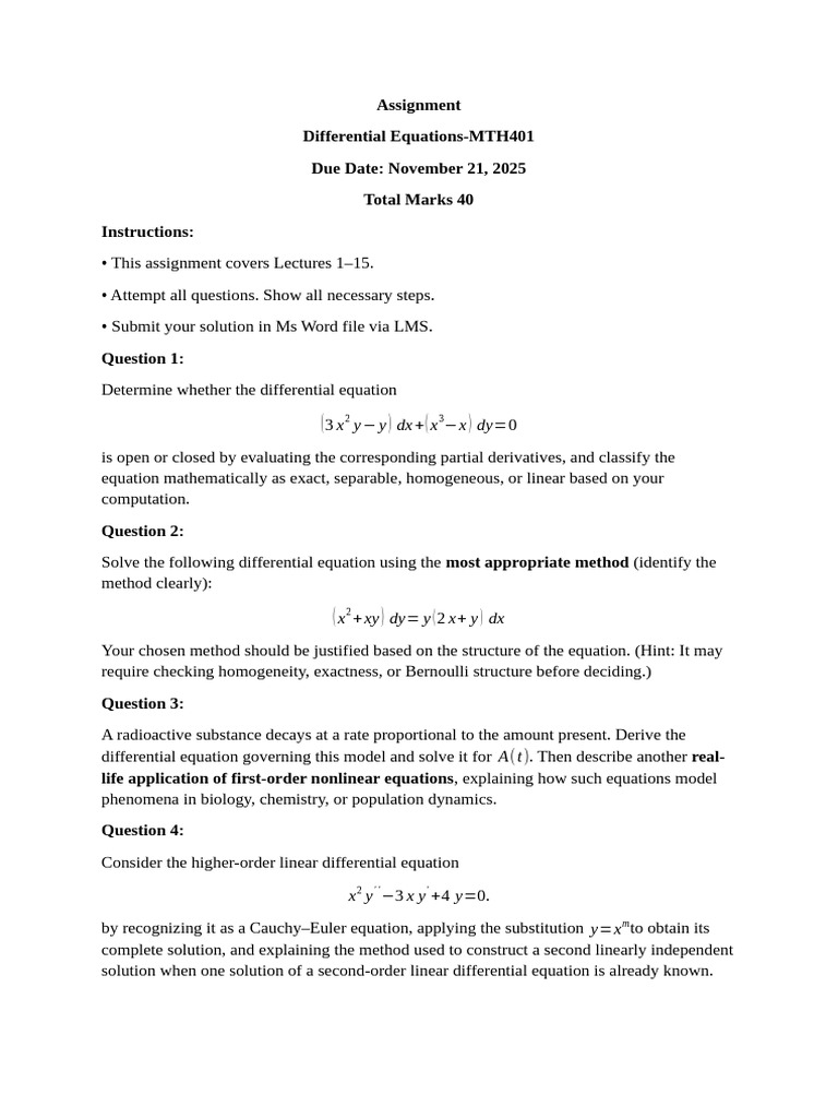 Fall 2025 - MTH401 - 1 | PDF