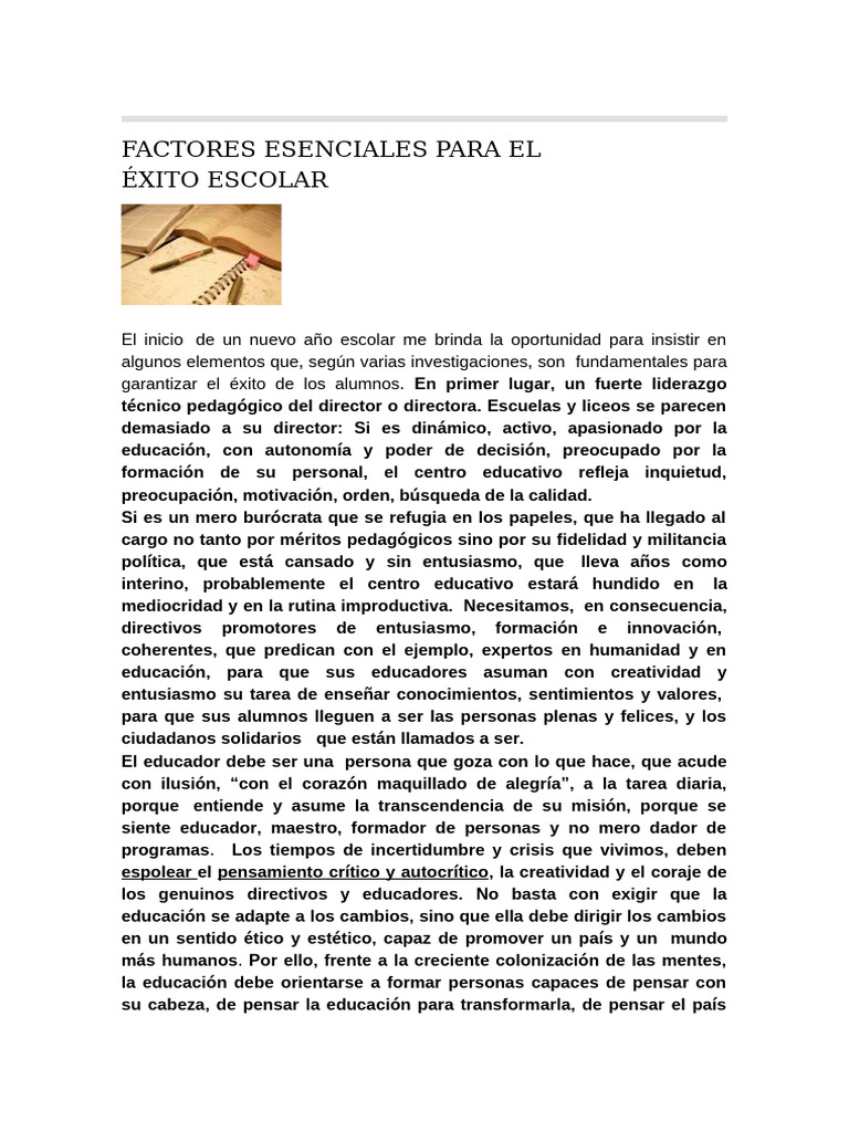 Factores Esenciales para El Éxito Escolar | PDF | Aprendizaje | Enseñando