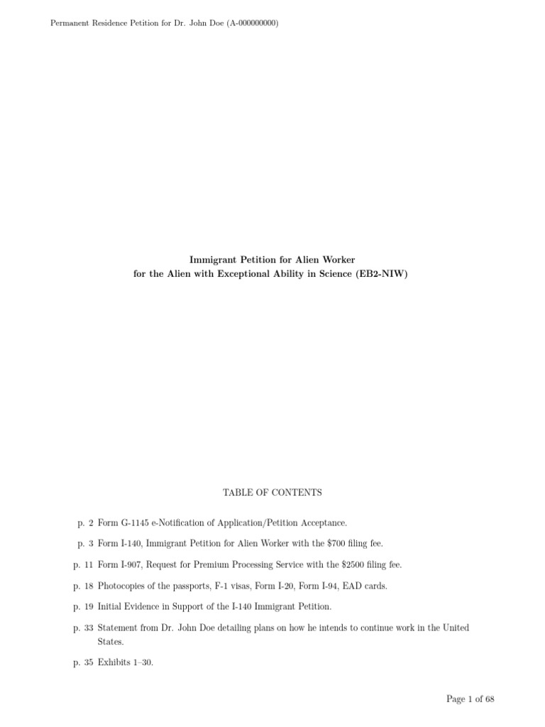 EB2-NIW Petition for Dr. John Doe | PDF | United States Citizenship And ...