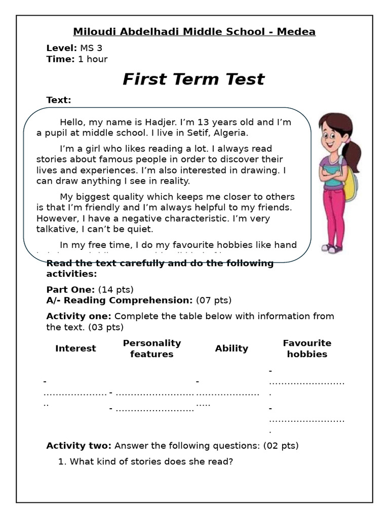 Middle School First Term Test: Reading & Language Skills | PDF ...