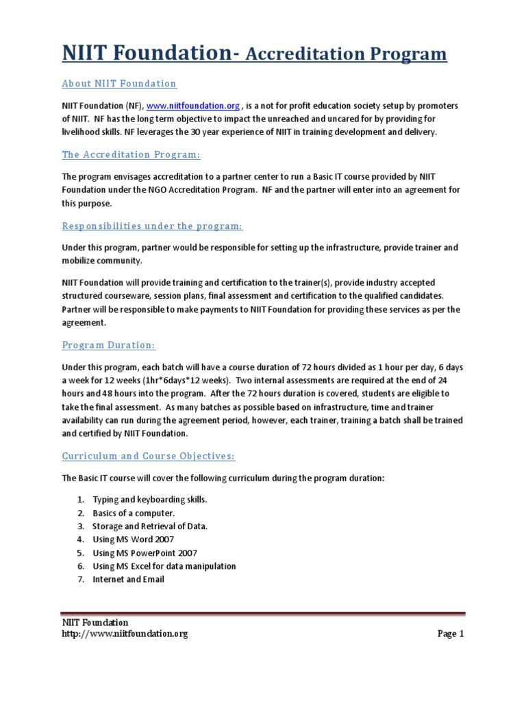 NIIT - Accreditation For Basic IT | PDF | Information Retrieval | Fee