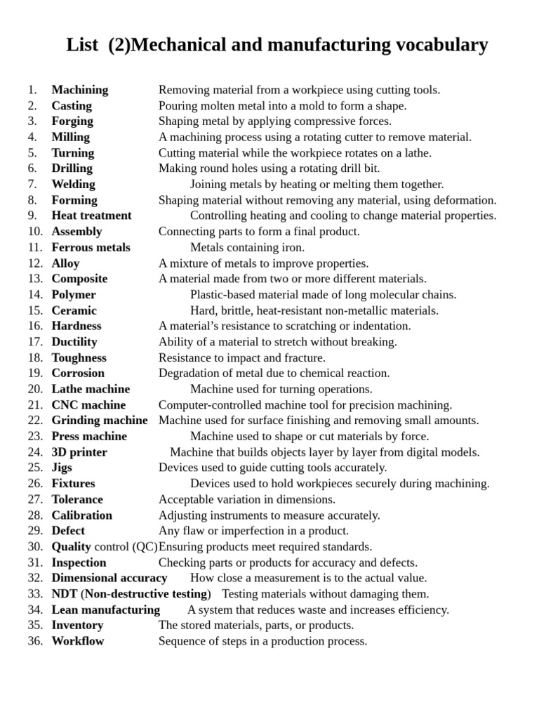 List (2) Mechanical and Manufacturing Vocabulary | PDF | Force | Friction