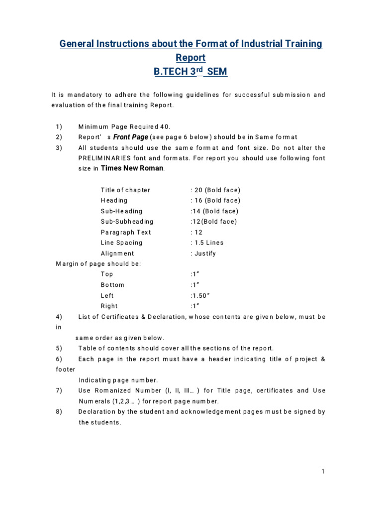 General Instructions About The Format of Industrial Training B.Tech 3 ...