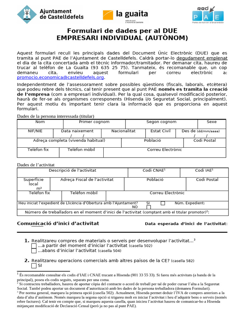 Formulari PAE Autonoms La Guaita | PDF