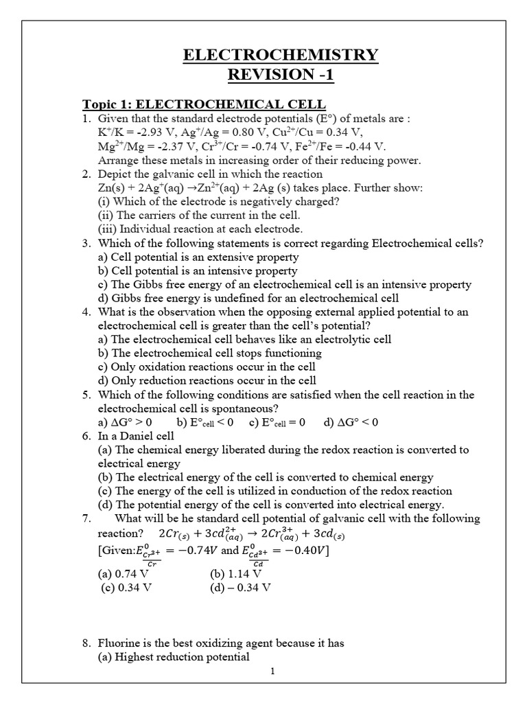 Electrochemistry Worksheet | PDF | Electrochemistry | Physical Chemistry