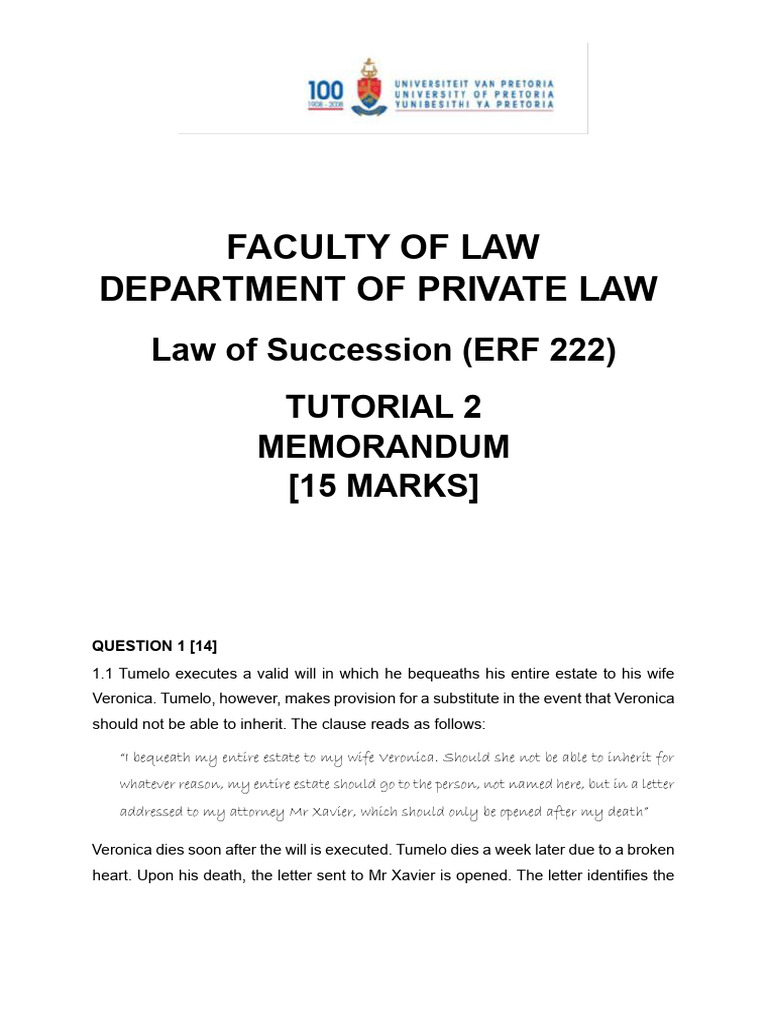 ERF 222 Tutorial 2 Memorandum | PDF | Will And Testament | Private Law