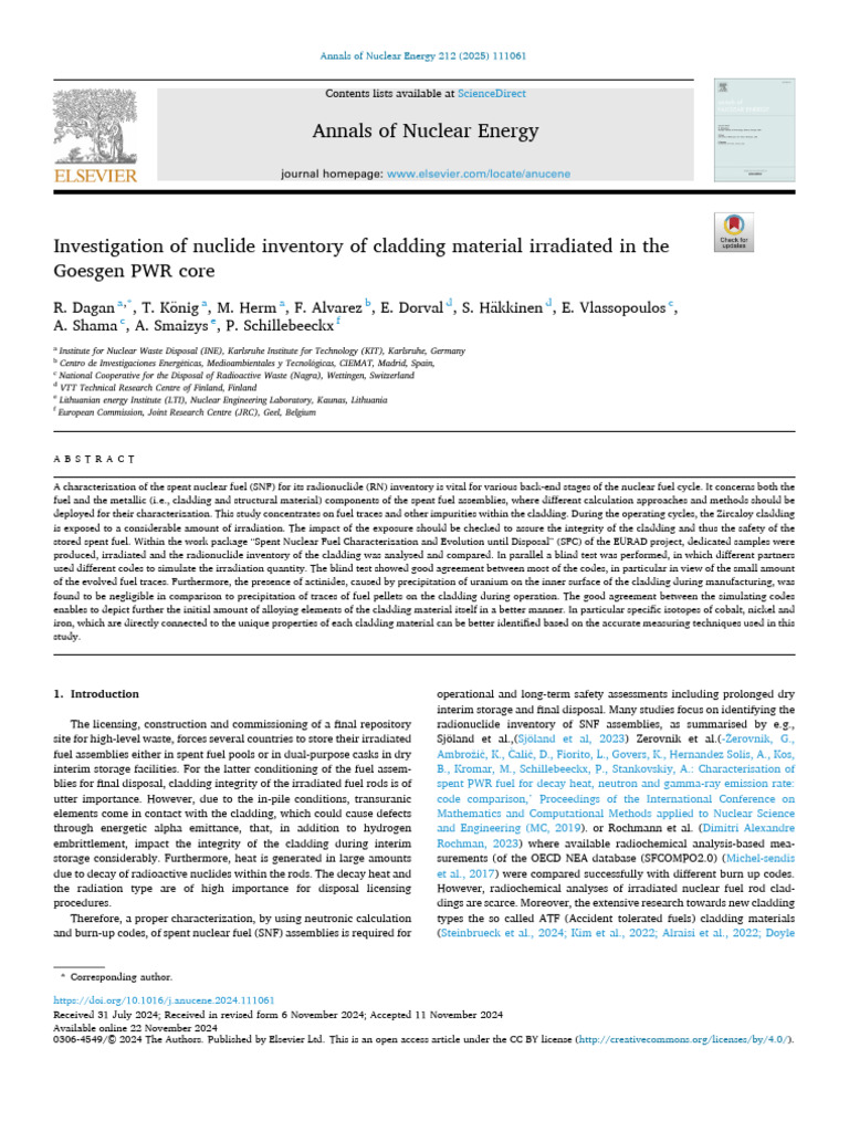 Investigation of Nuclide Inventory of Cladding Material 2025 Annals of ...