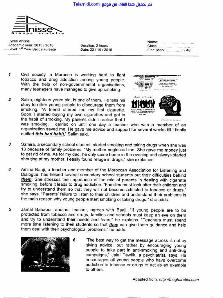 Test 1 Model 5 English 1st Bac First Term | PDF