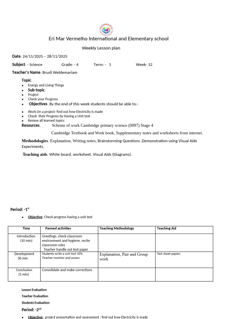 Grade 4 Science Weekly Lesson Plan | PDF | Teachers | Lesson Plan
