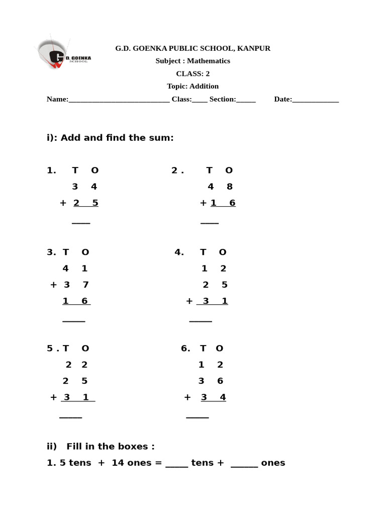 Worksheet Class 2 (ADD) | PDF