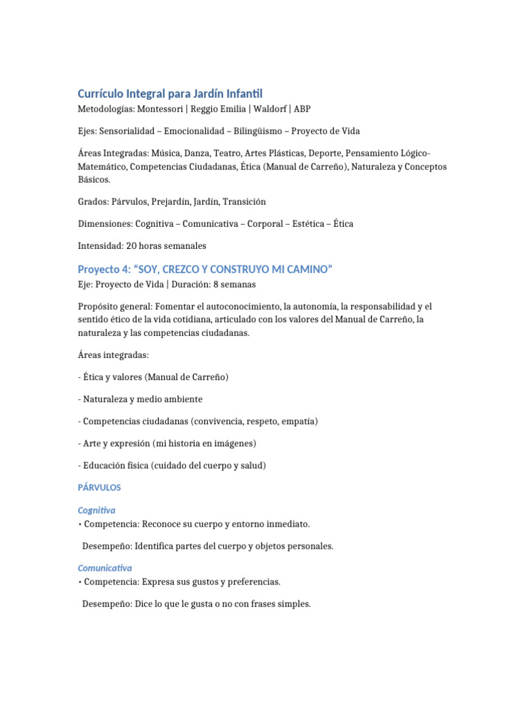 Currículo Integral Jardín Infantil | PDF | Educación de la primera ...