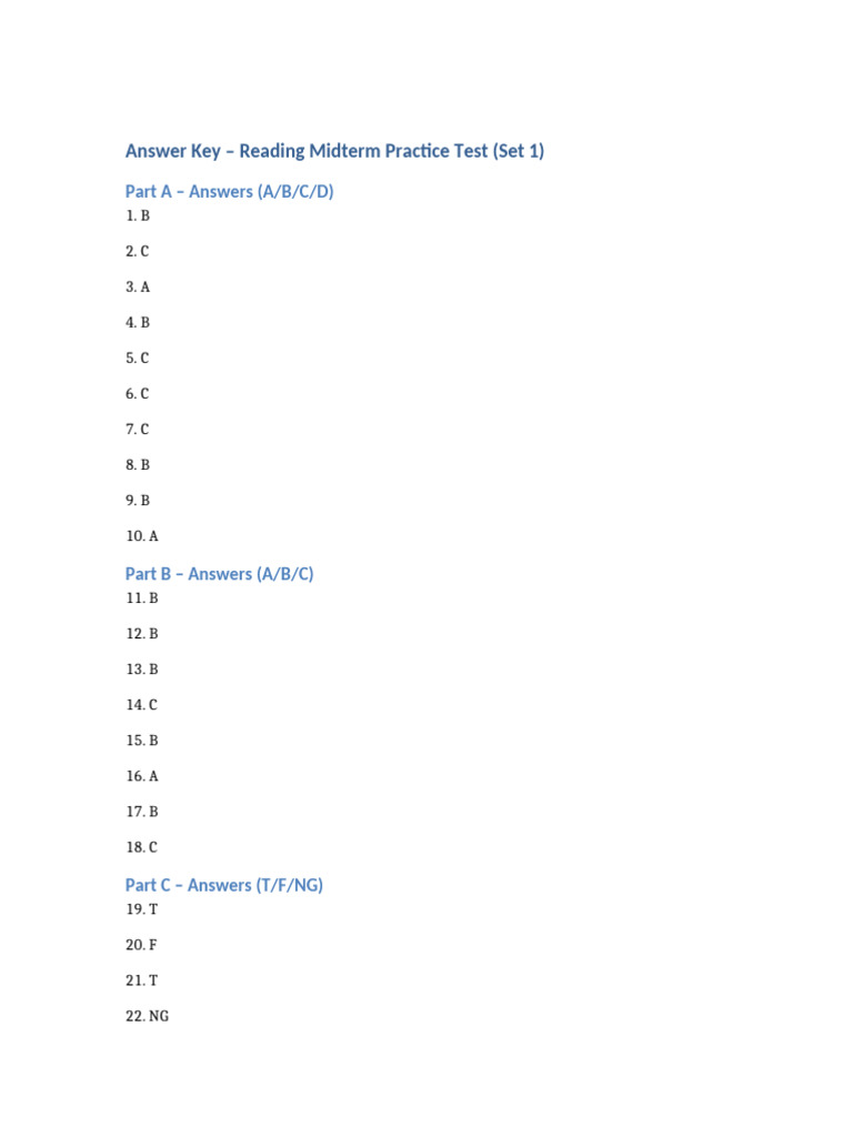 Reading Midterm Answer Key Set1 | PDF