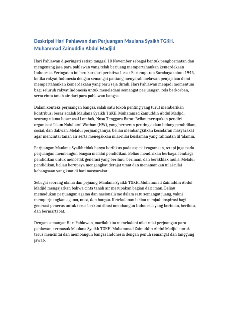 Deskripsi Hari Pahlawan Dan Maulana Syaikh TGKH Muhammad Zainuddin Abdul Madjid | PDF
