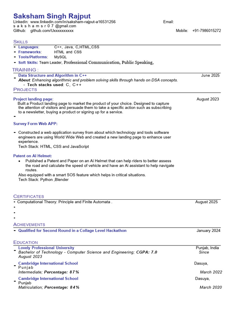 Saksham CV 2025 | PDF | Application Software | Artificial Intelligence