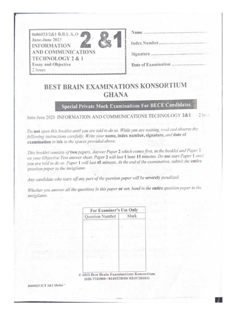 BECE ICT Questions Paper | PDF