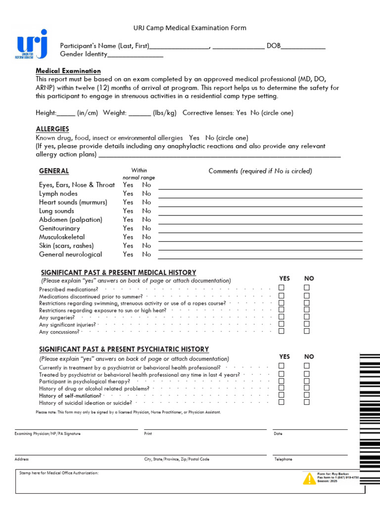 URJ Camp Medical Exam Form | PDF | Psychiatry | Physician