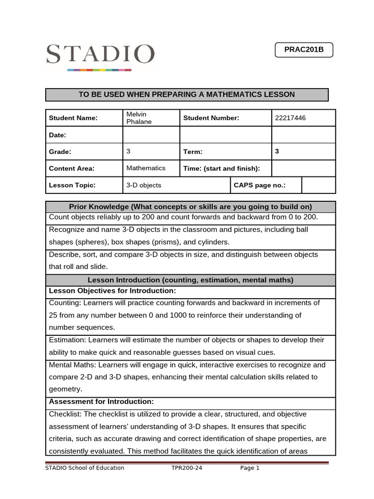 3-D Objects Lesson Plan for Grade 3 | PDF | Shape | Learning