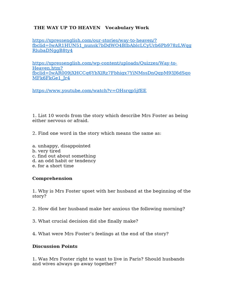 The Way Up To Heaven Vocabulary Work | PDF