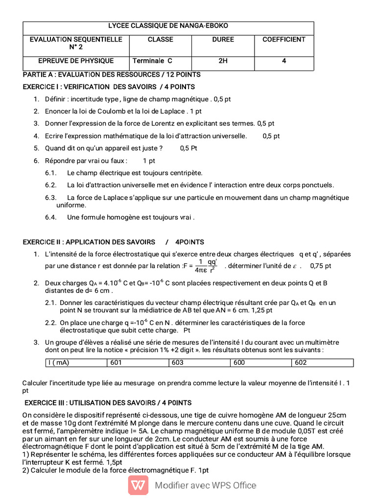 Évaluation de Physique : Concepts Électrostatiques et ...