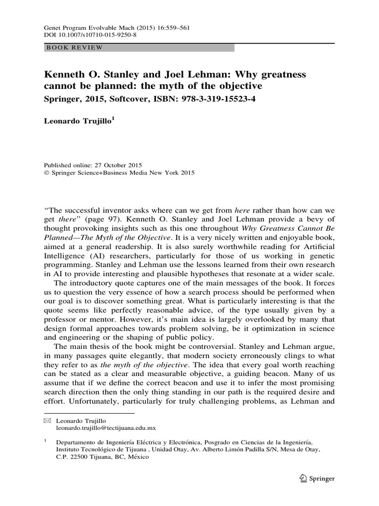 Kenneth O Stanley and Joel Lehman Why Greatness CA | PDF | Natural ...