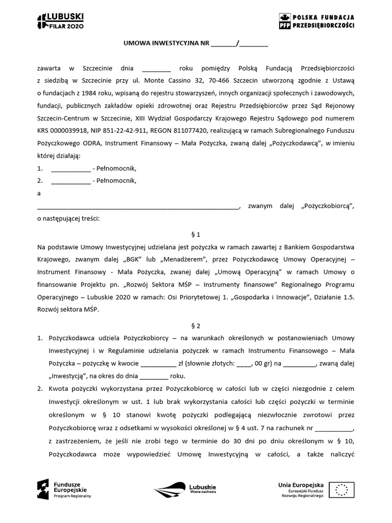 Wzór Umowy Inwestycyjnej | PDF