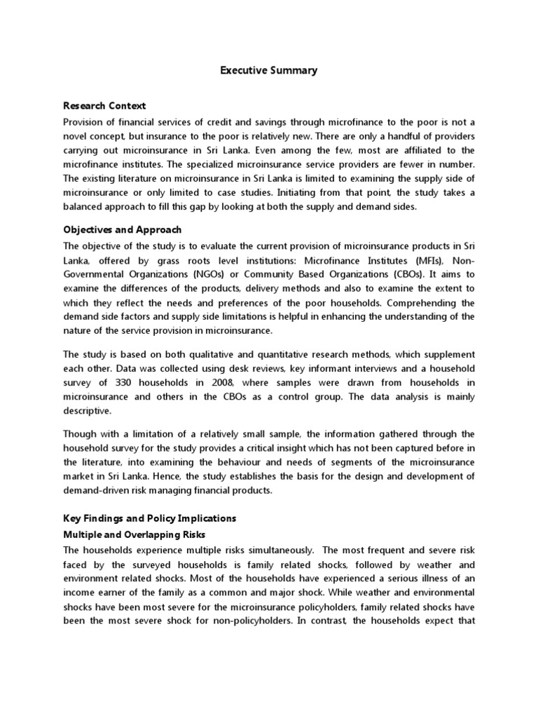 Microinsurance - Executive Summary (English) | PDF | Insurance ...