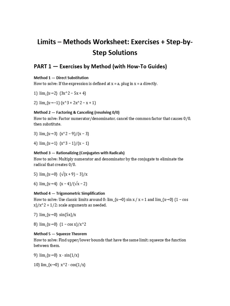 Limits Methods Worksheet With Solutions | PDF | Trigonometric Functions ...
